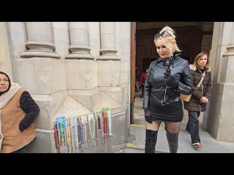 4k Granate Travelling walking in public, visiting church Madrid, Espana, miniskirt, thigh high boots