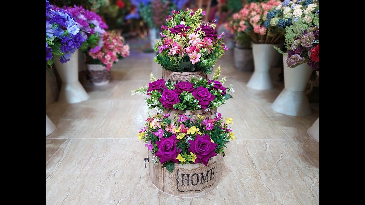 Flower Arrangement on a 3 Layers Wooden Flowerpot - YouTube