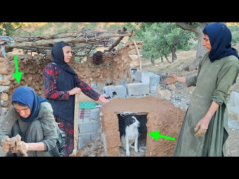 Family building a house for a (dog) [building shelter in mountains]