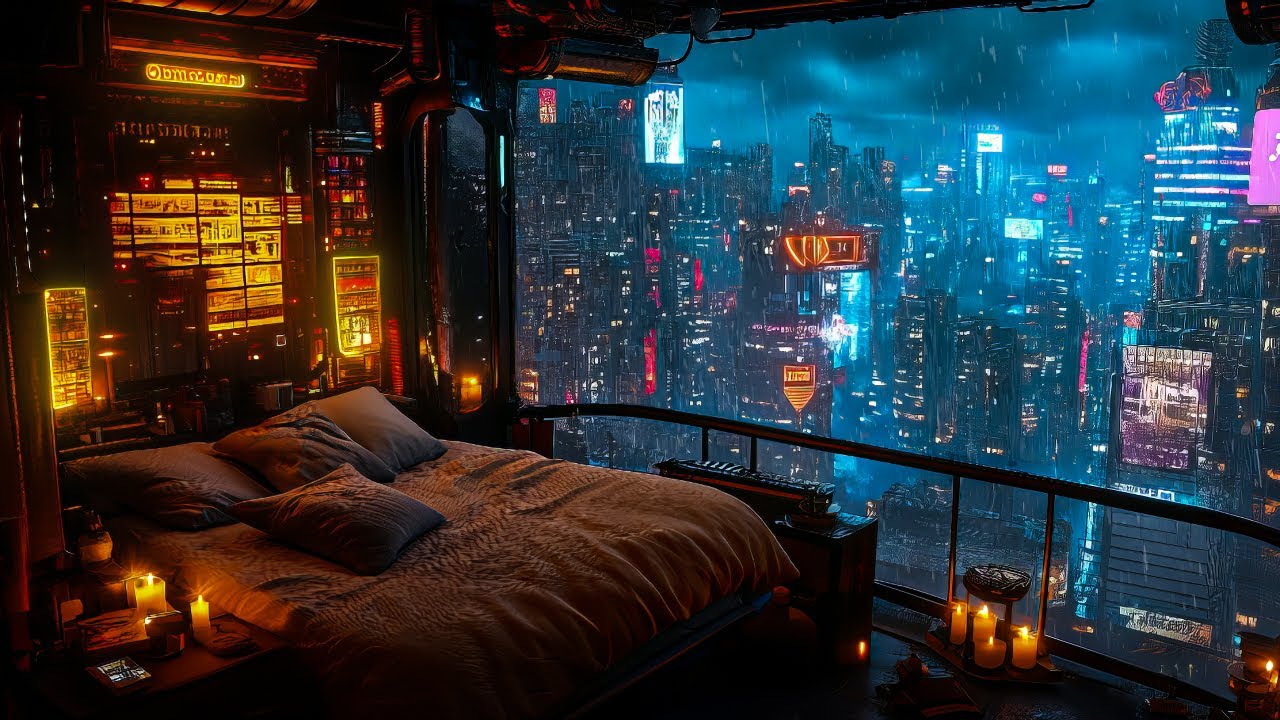Cyberpunk Deep Sleep Retreat: Rain and Ambient Sounds | Cozy Bedroom ...