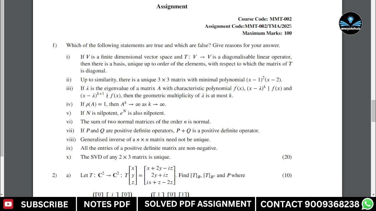 If 𝑉 is a finite dimensional vector space and 𝑇 ∶ 𝑉 → 𝑉 is a diagonalisable linear operator msc ...