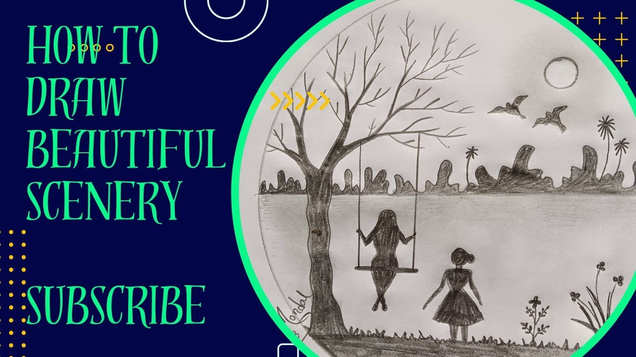 Esay beautiful scenery drawing //How to draw beautiful scenery with ...