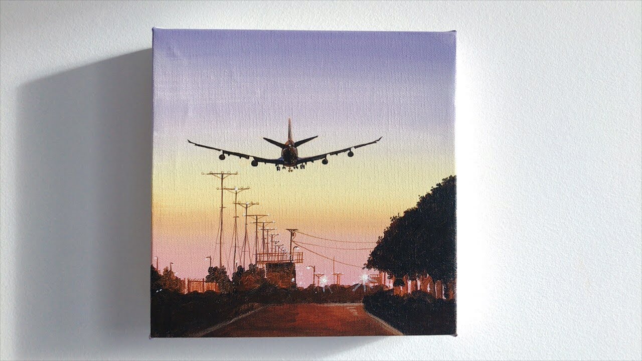 Acrylic painting Tutorial Relax Landscape Sunset and Airplane 아크릴화 노을 ...