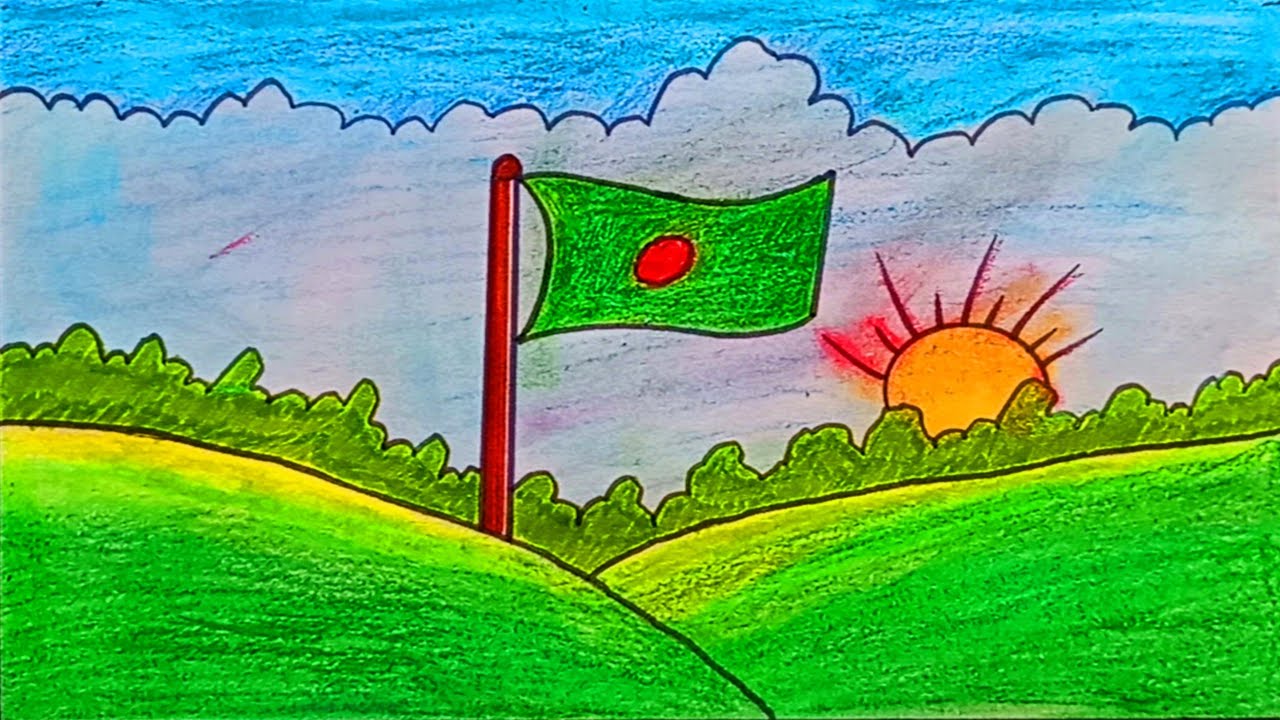 Bangladesh bijoy scenery drawing || Bangladesh flag drawing ...