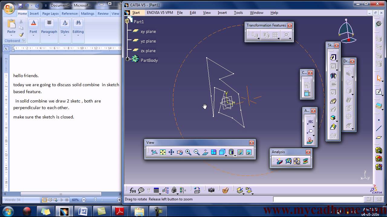 catia solid combine in sketch based feature - YouTube