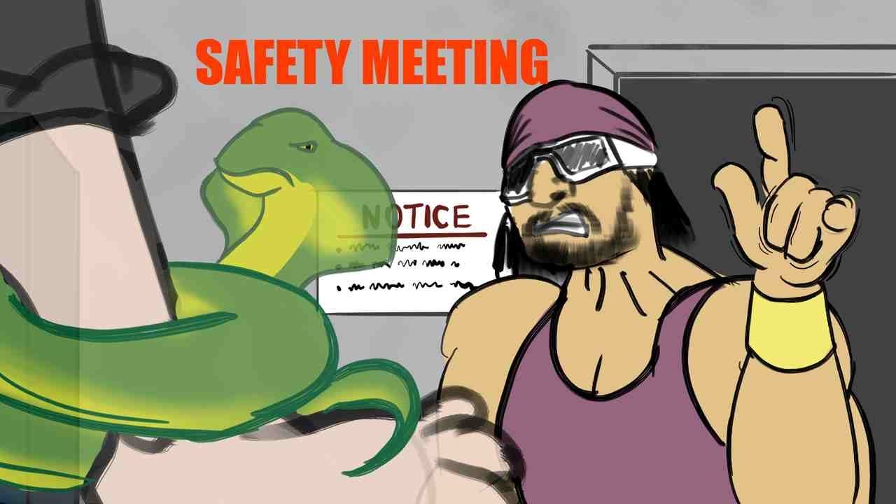 Macho Man Randy Savage safety meeting with Jake the Snake - YouTube