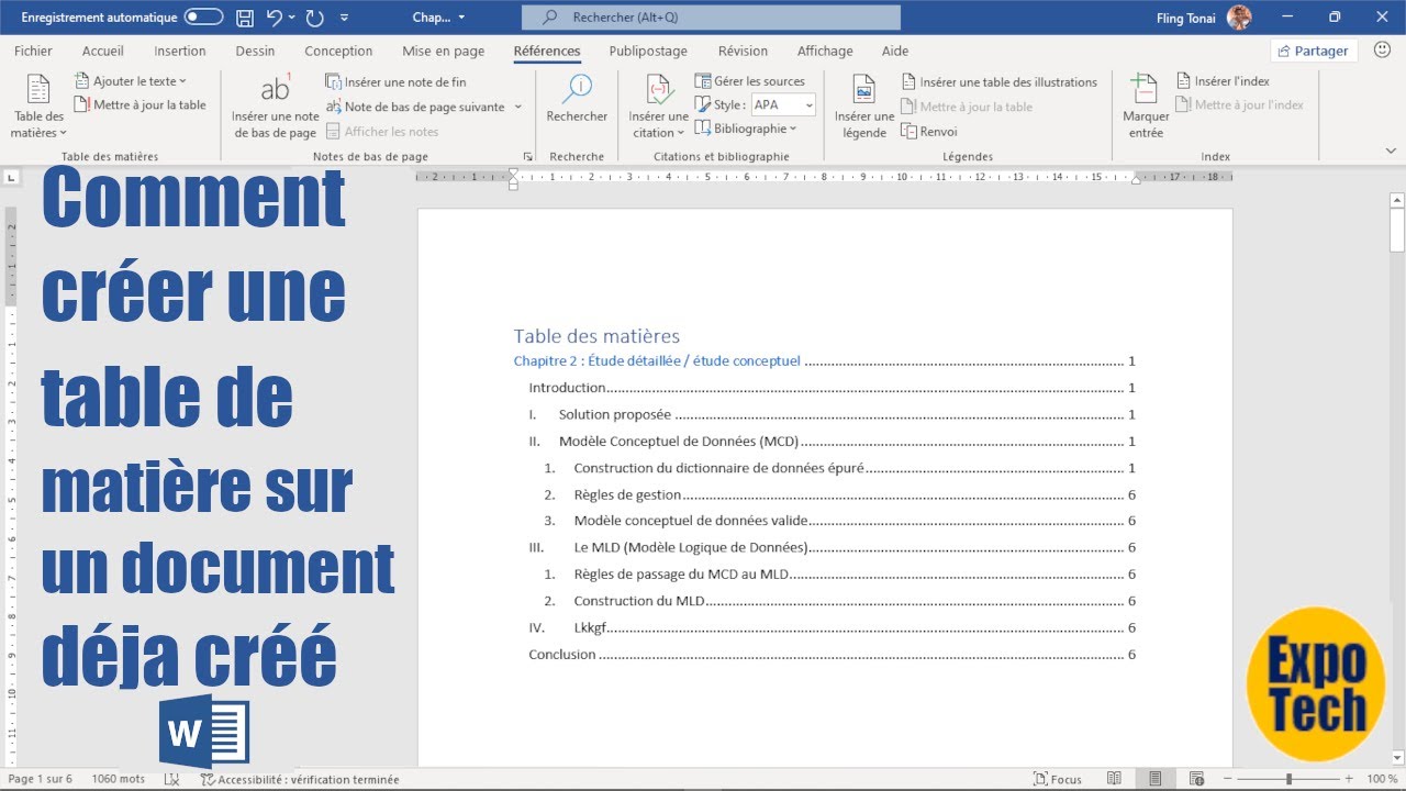 Créer une table de matière automatique sur un document Word déjà créé ...