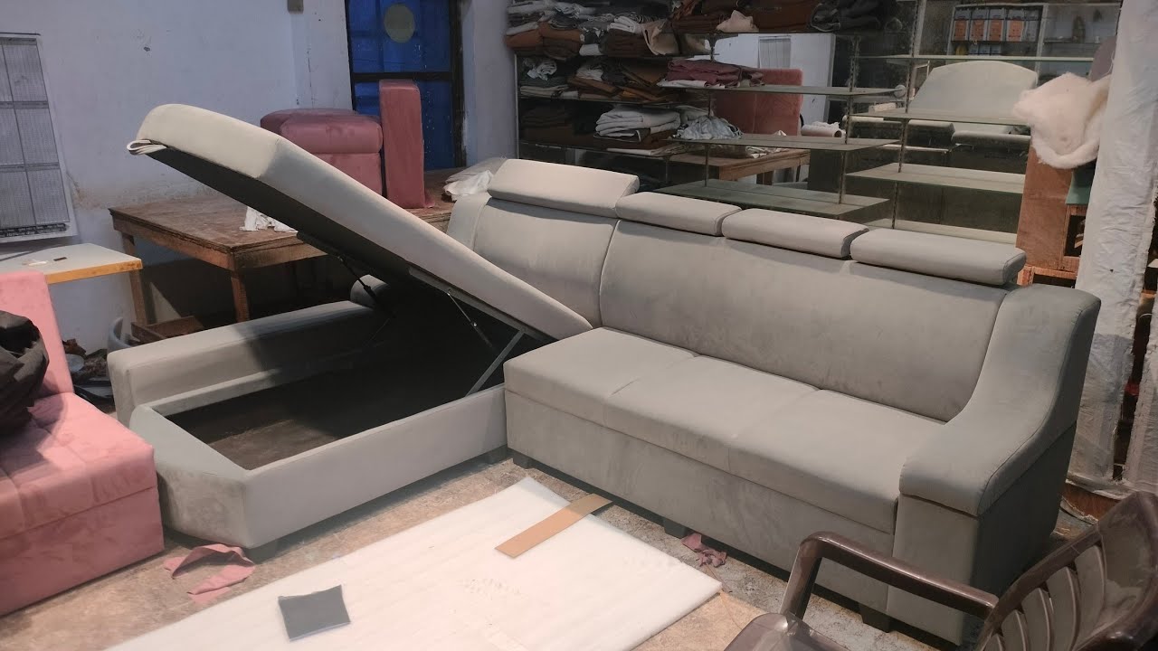 Balaji l shape sofa with hydraulic storage and tick tock handle - YouTube