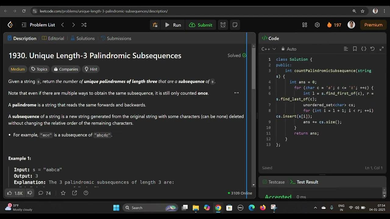 Unique Length-3 Palindromic Subsequences|#leetcode #potd | 04-01-2025| | @DecodeMaster01 - YouTube