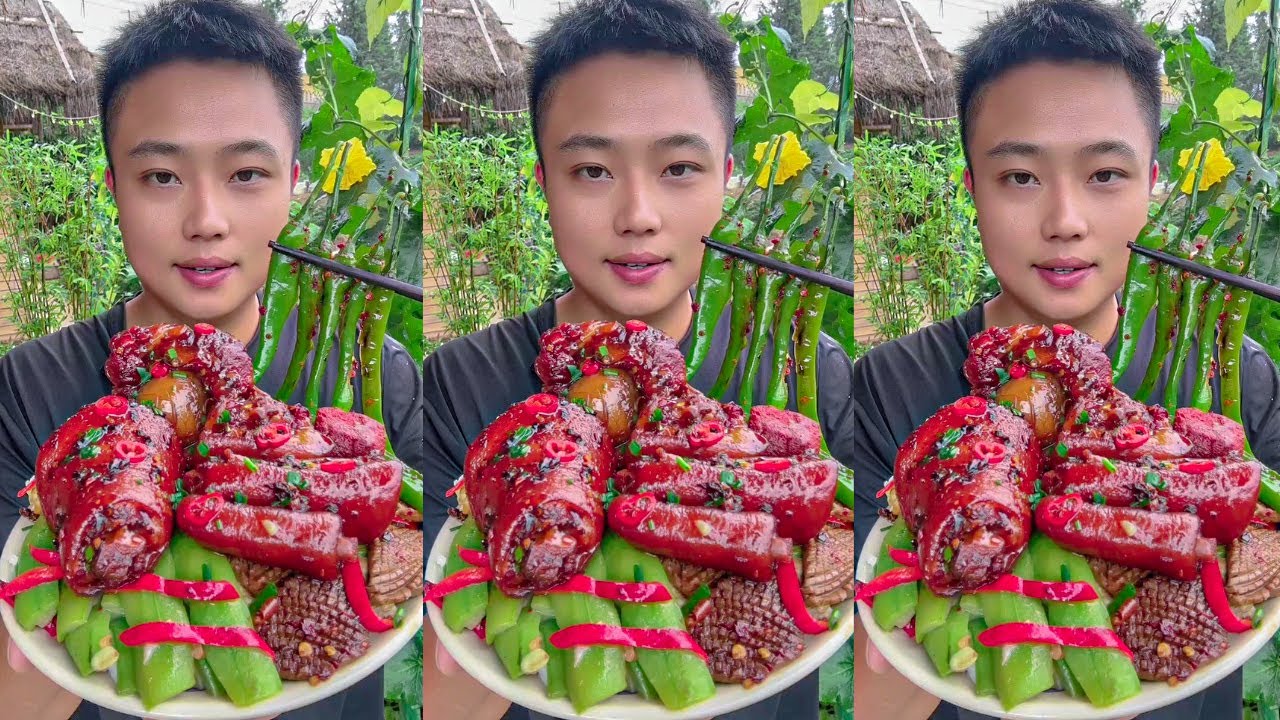 Rural Food Eating Braised Pork Tail With Green Pepers, Pickled Cabbage ...