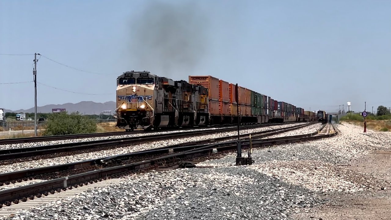 Huge UP double stack train with Conductor hanging out at Picacho AZ ...