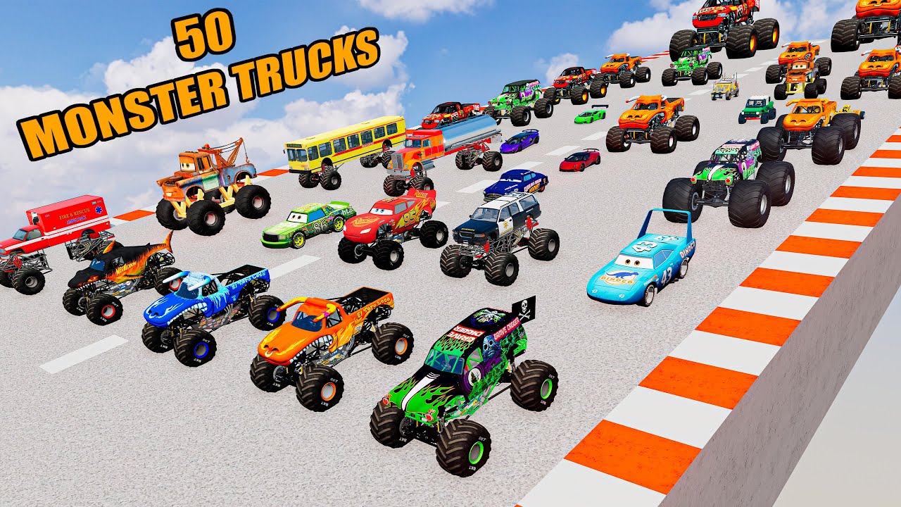 Downhill Race with 50 Monster Trucks - BeamNG Monster Truck Crashes ...