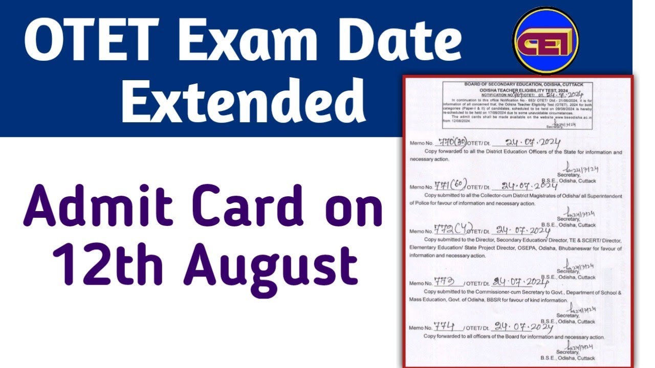 OTET EXAM 2024 Date Extended to 17th August 📝Admit Card on 12th August ...