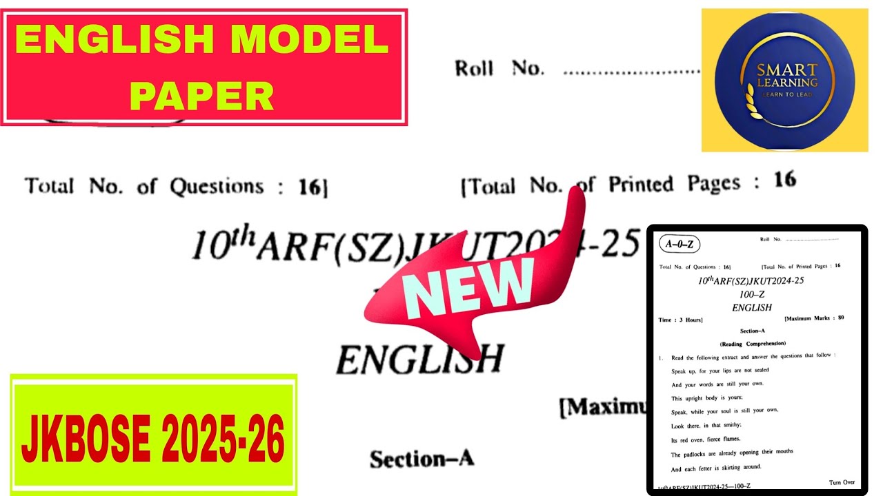 ENGLISH MODEL PAPER || CLASS 10TH JKBOSE || 2025-26 || JKBOSE CLASS ...