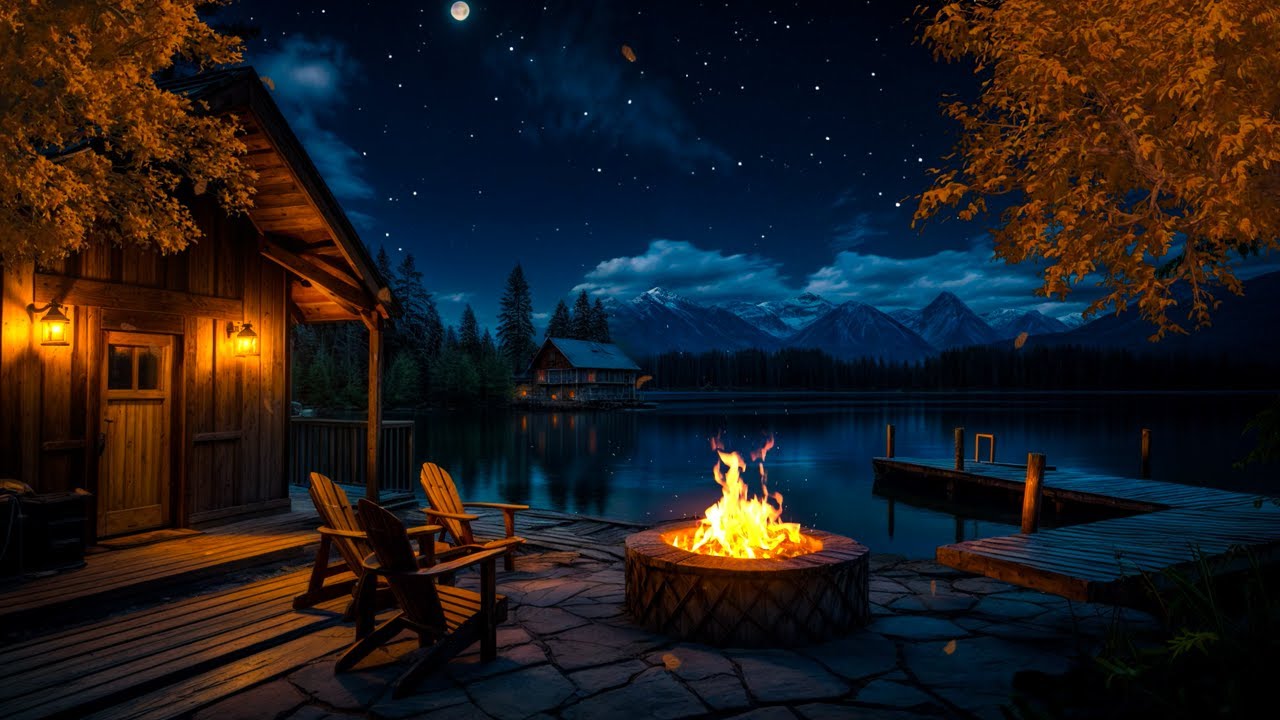 Peaceful Fall Lake Night – Crackling Fire & Calming Water Sounds - YouTube