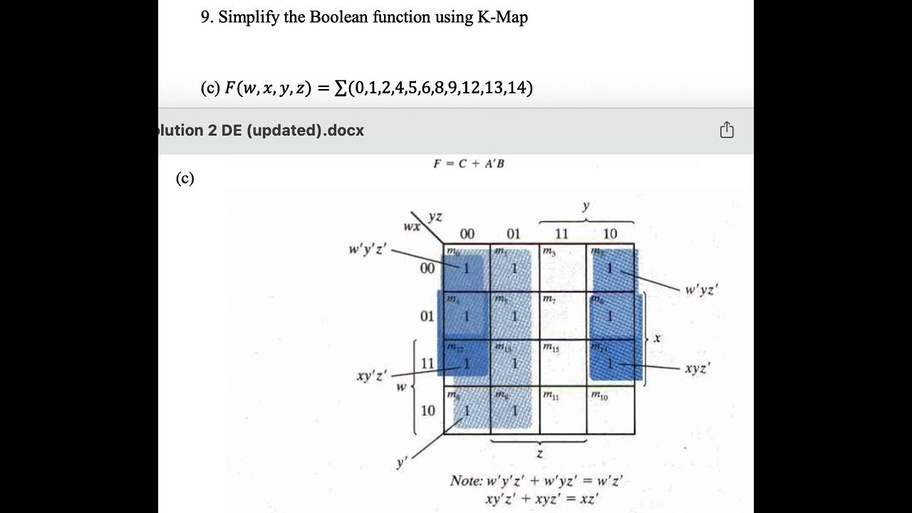 9. Simplify the Boolean function using K-Map (c) 𝐹(𝑤, 𝑥, 𝑦, 𝑧) = (0,1,2 ...