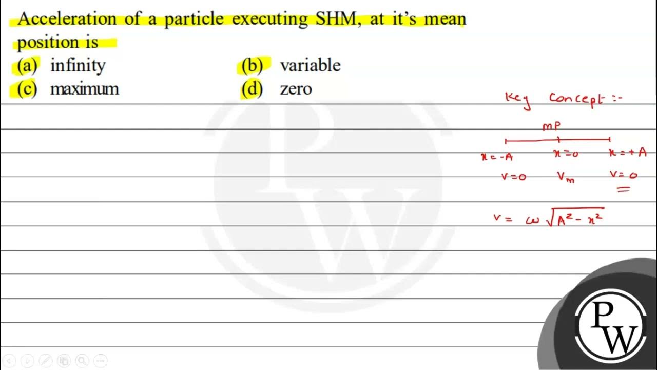 Acceleration of a particle executing SHM, at it's mean position is (a) infinity (b) variable (c ...