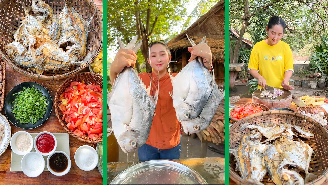 Fry fish and cook tomatoes, pineapple, cucumber sour sweet sauce ...