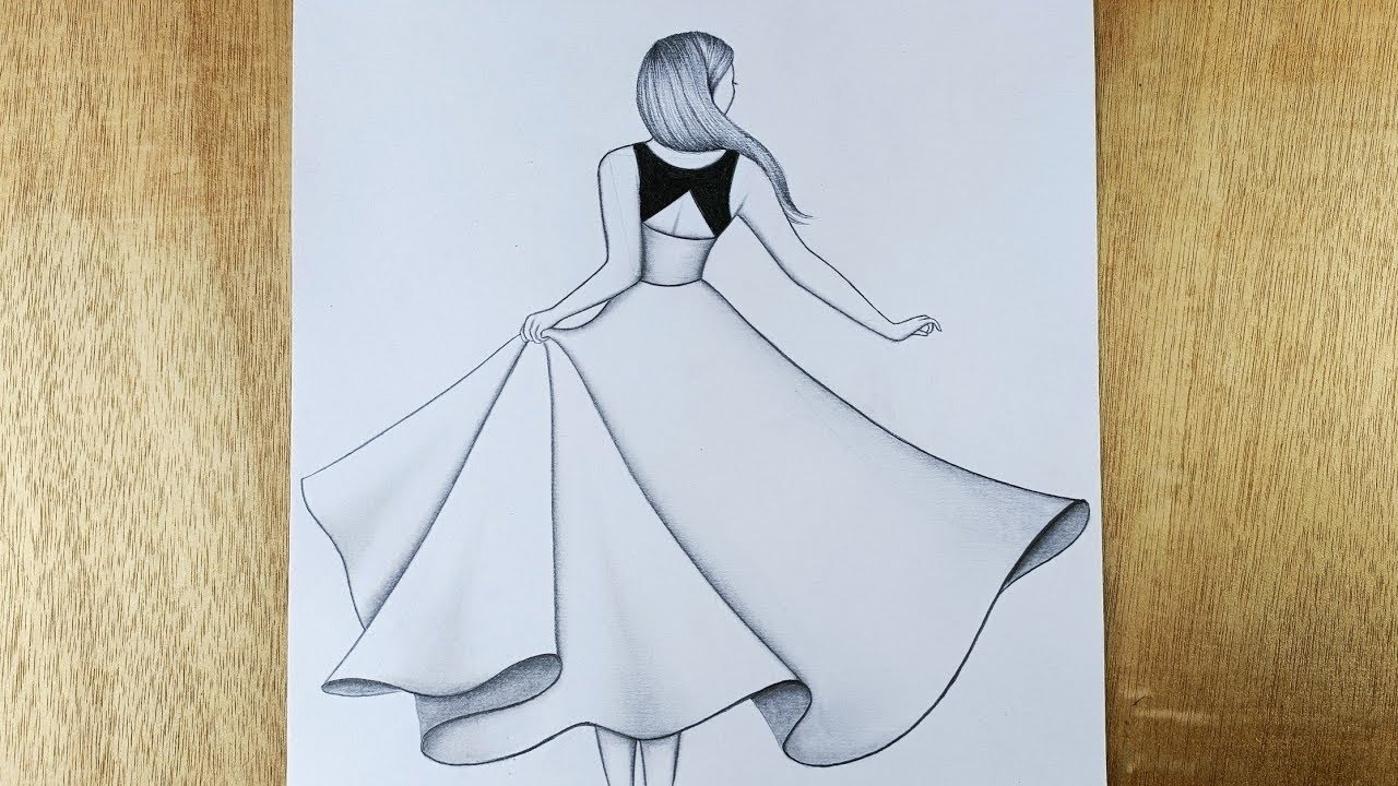 easy way to draw a backside girl with beautiful dress|| easy girl with ...