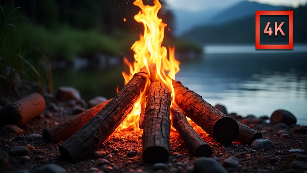 SPRING CAMPFIRE 4K (24/7)🔥Forest Campfire Ambience with Stream Murmur ...