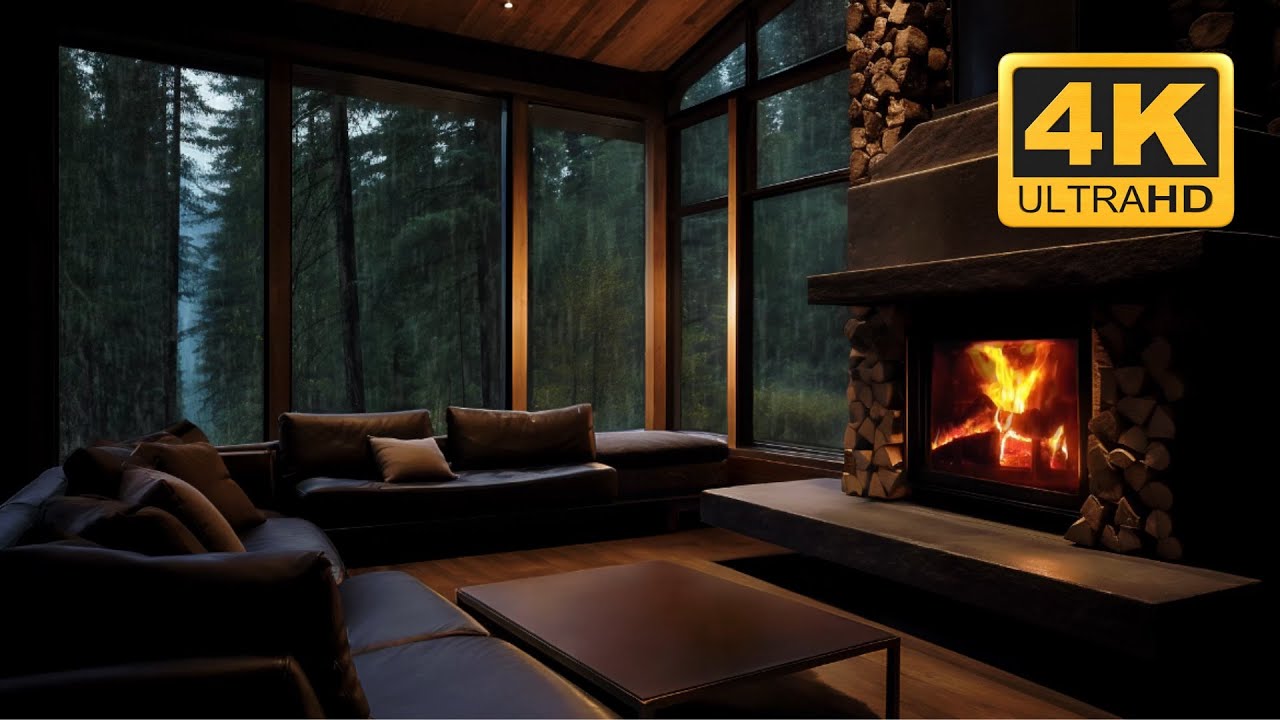 🔥 FIREPLACE 4K Ultra HD! Living Room in the forest with sounds of fire ...