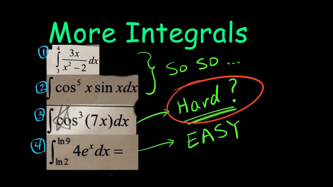 Even more U sub integration 3x/x^2-2, (cos^5x)sinx, cos^3(7x), 4e^x ...