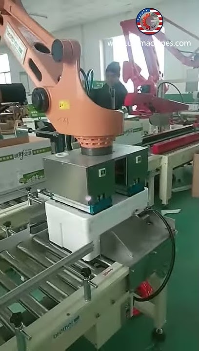 Robot hand foam box case inserting cartoning machine with box tape sealing equipment - YouTube