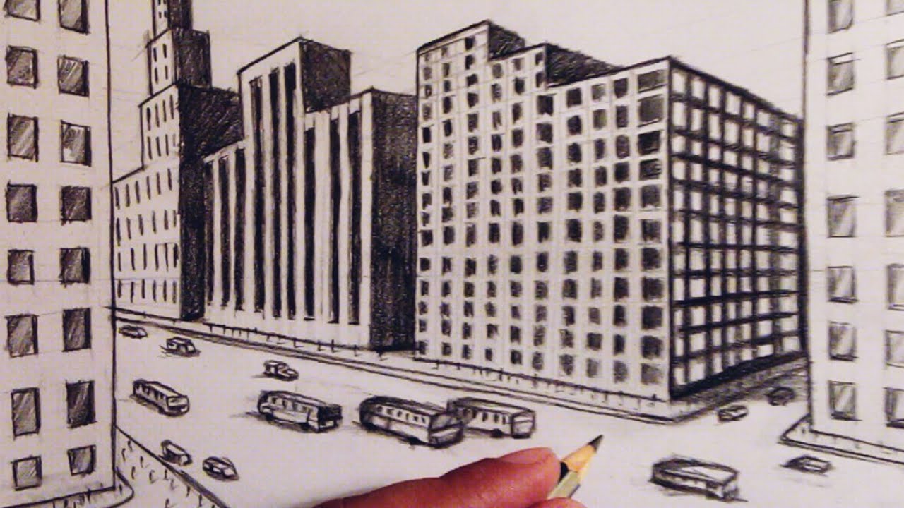 How to draw using two point perspective:Draw city building view. - YouTube
