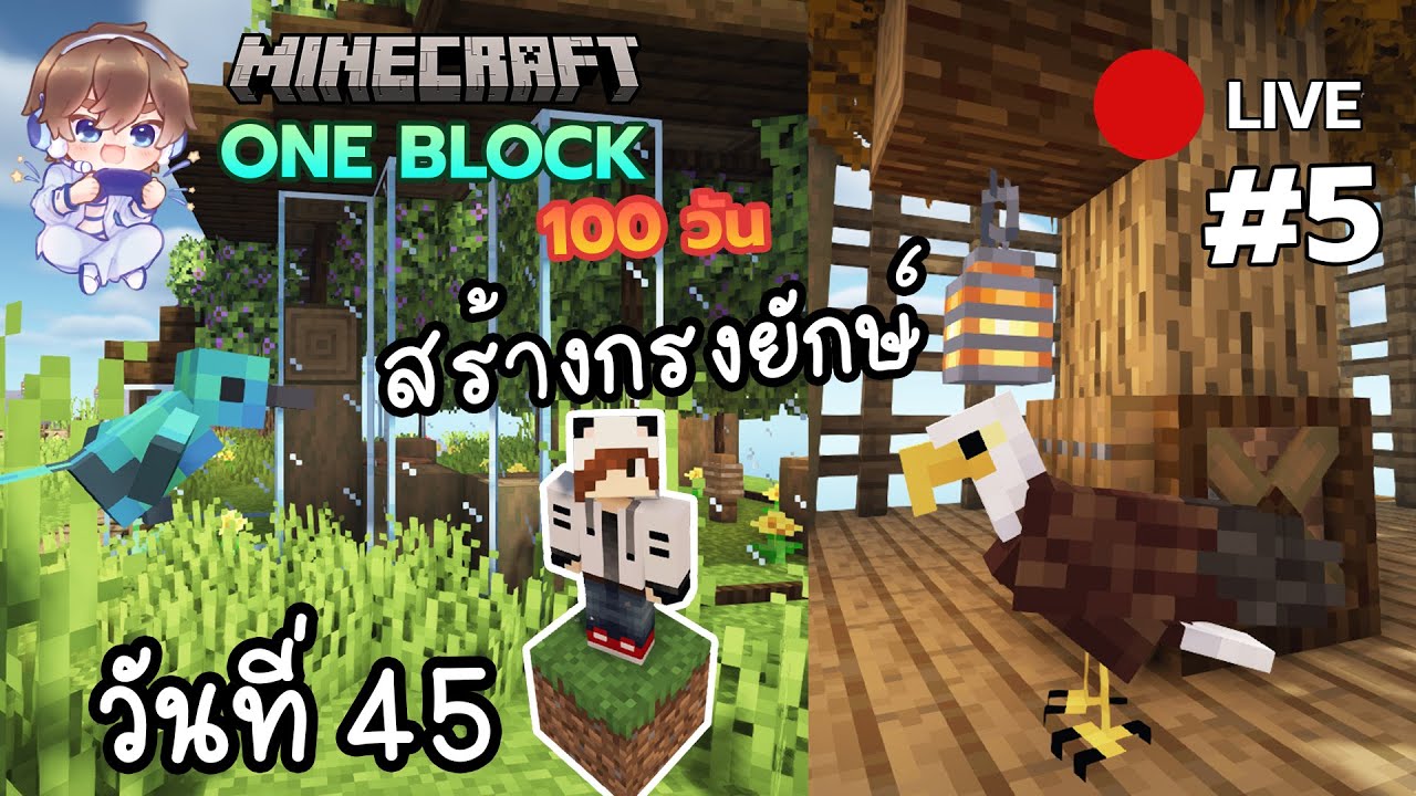 Live Minecraft 100 วัน สร้างกรงนกอินทรี และกรงนกจิ๋ว Oneblock 5 - YouTube