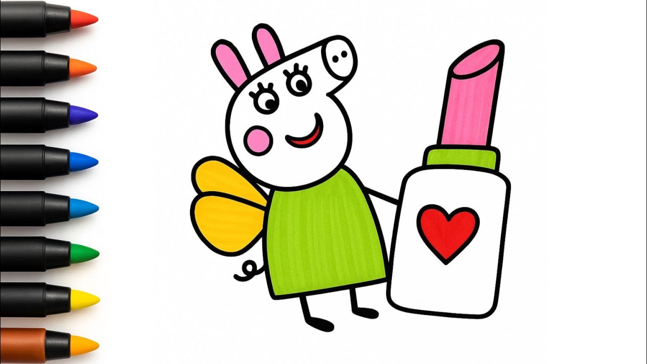 Draw and Color Peppa Pig and lipstick 🐷 🌈💄💄💄 Lipstick Drawing for Kids ...