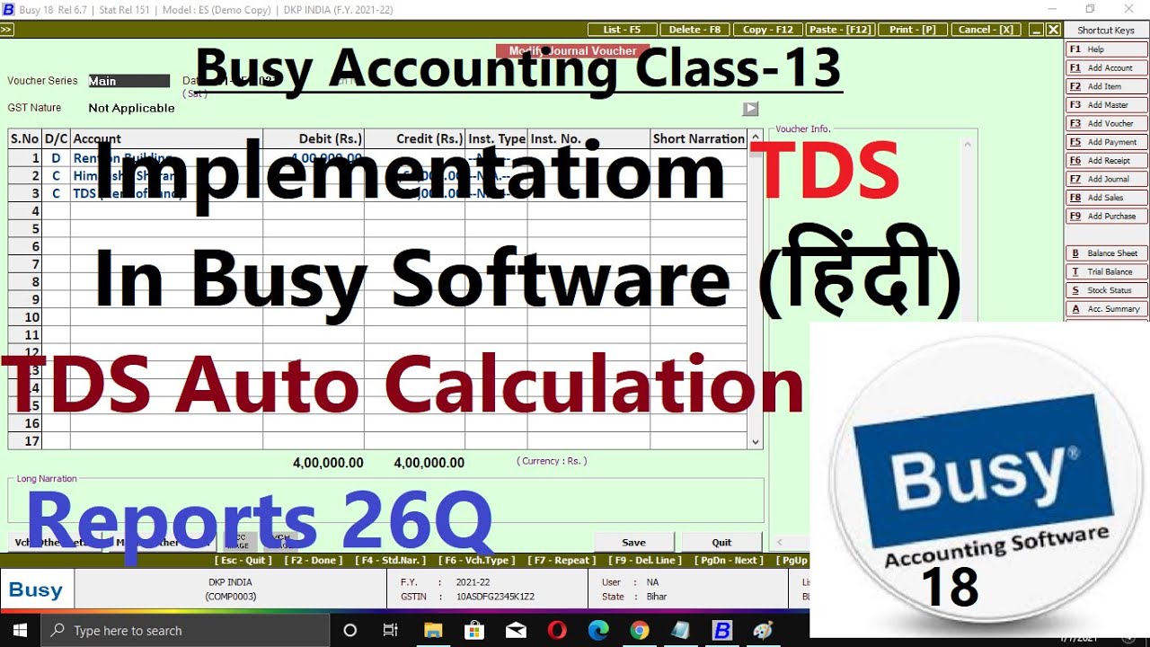 #13 Implementation of TDS in BUSY (Hindi) | Tax deducted at Source Auto ...