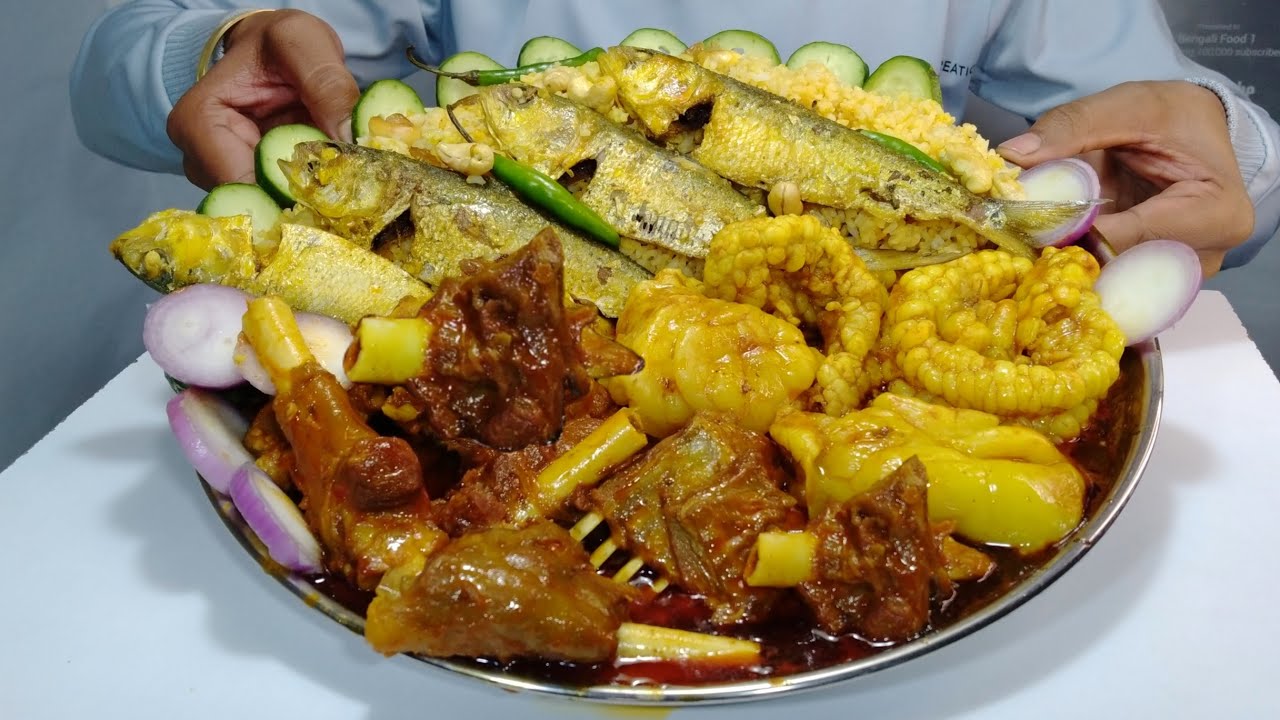 Eating Mutton Curry, Mutton Fat Curry,I ilish Fish FRY, Basanti Polao ...