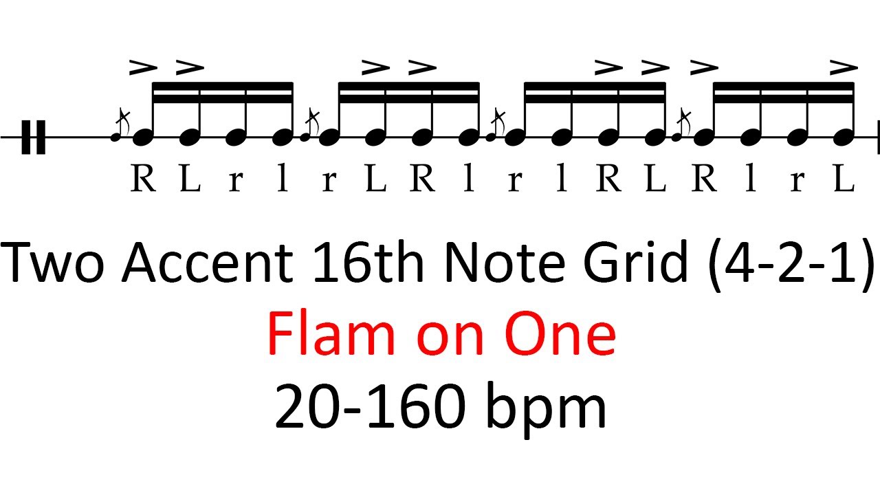Flam on one (2 accents) | 20-160 bpm play-along 16th note grid drum ...