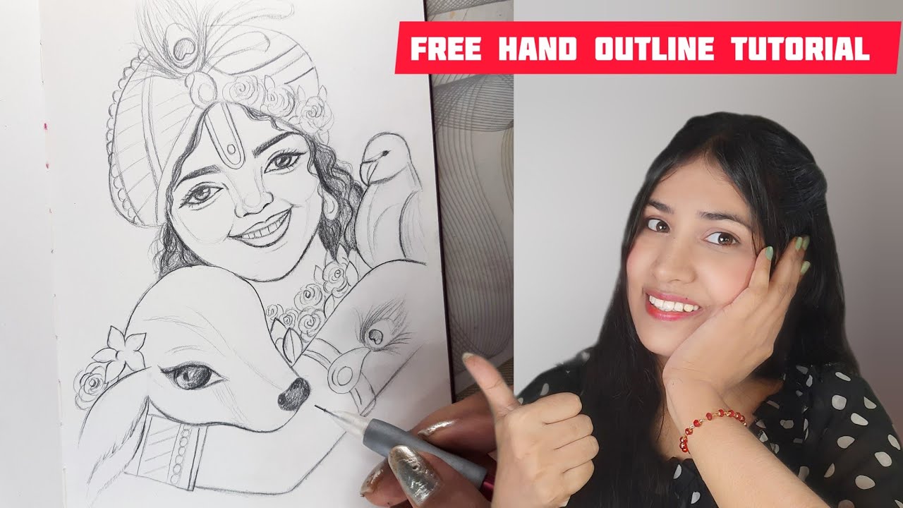 Cute. Krishna Drawing Tutorial, Part 1 , Free hand Outline Drawing - YouTube