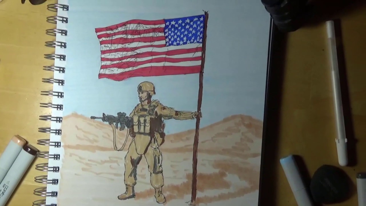 how to draw a Marine with an American Flag flying high. "SEMPER FI ...