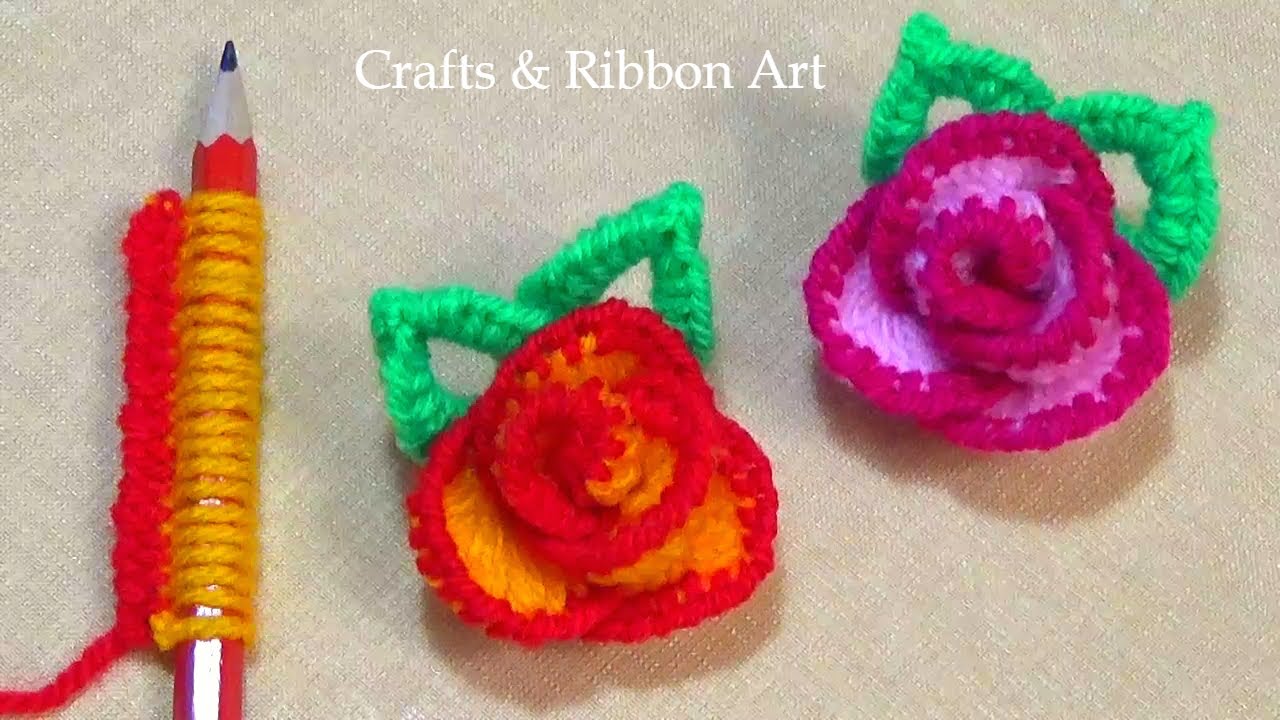 Super Easy Woolen Rose Making Ideas with Pencil - DIY Woolen Flower ...
