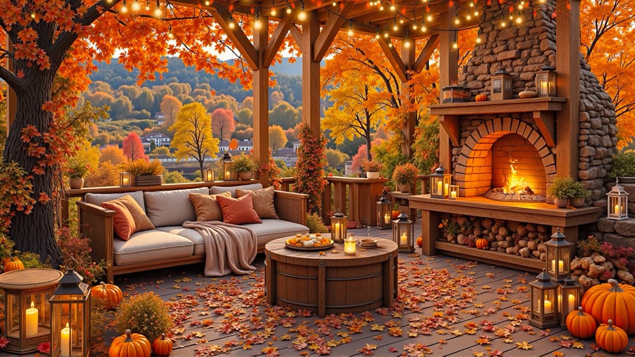 Cozy Autumn Cottage Ambience 🍂 Smooth Jazz, Night Rain & Fireplace ...
