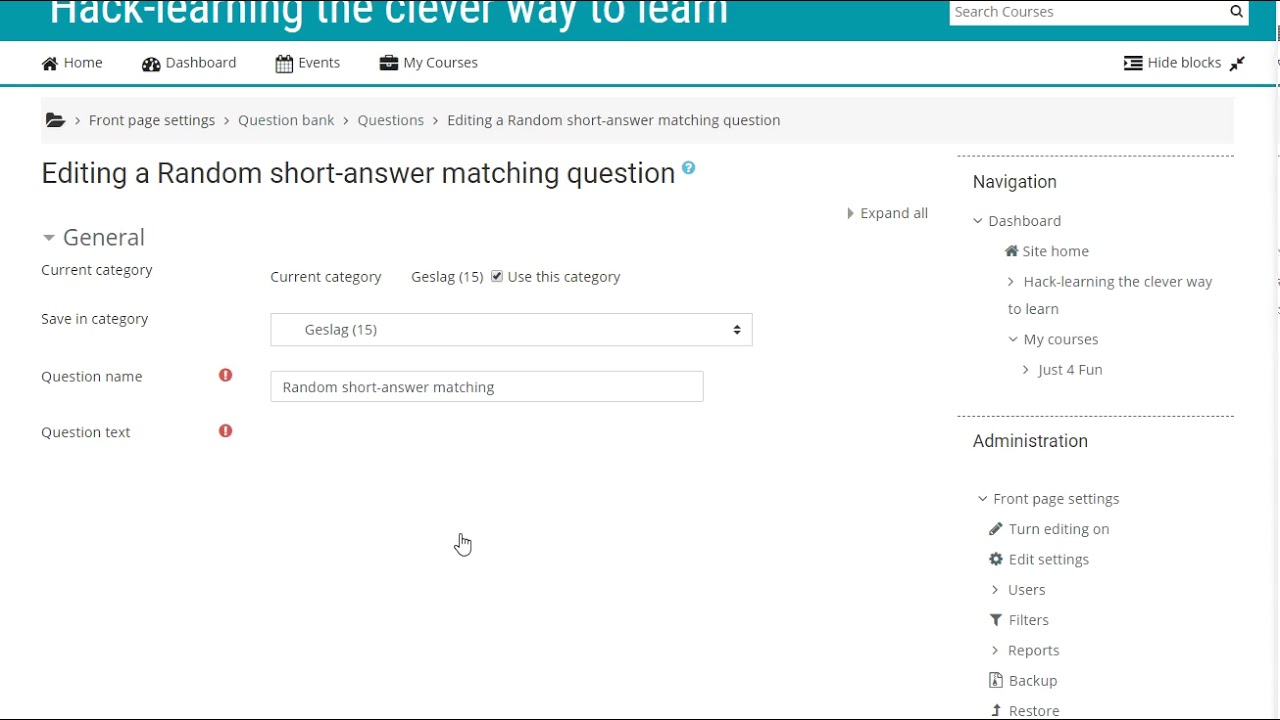 Moodle 3+ random short answer matching question - YouTube