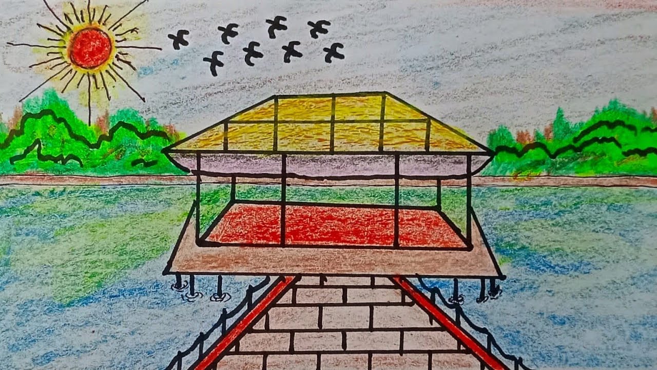 How to draw a water resort | River Drawing | নদীর দৃশ্য আঁকা | সূর্য ...
