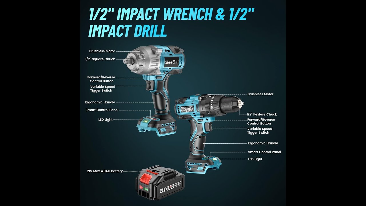 Seesii 21V Cordless Impact Wrench and Drill 2-Tool Power Tool Combo Kit ...