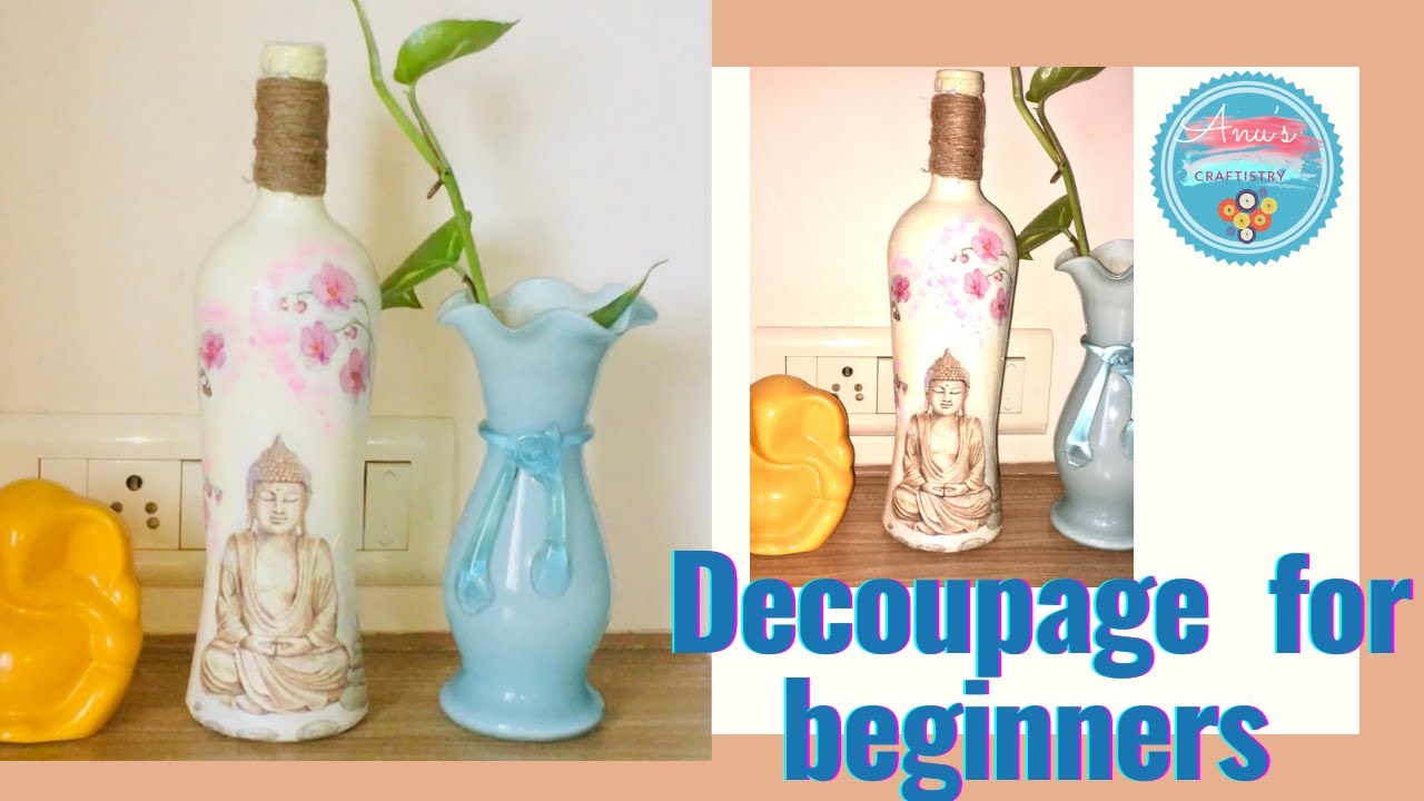 Decoupage on bottle // decoupage for beginners// easy bottle decoration ...