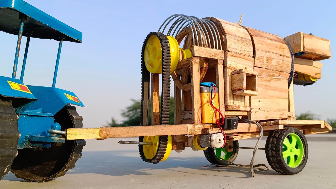 How to Make Mini Multi Crop Thresher Machine & Tractor at home by Wood & Cardboard. - YouTube