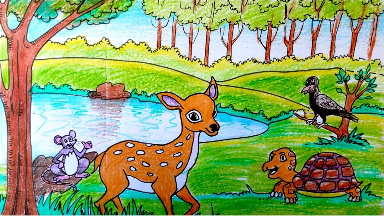 Drawing and Coloring "Four Friends Characters" | Deer, Tortoise, Crow ...