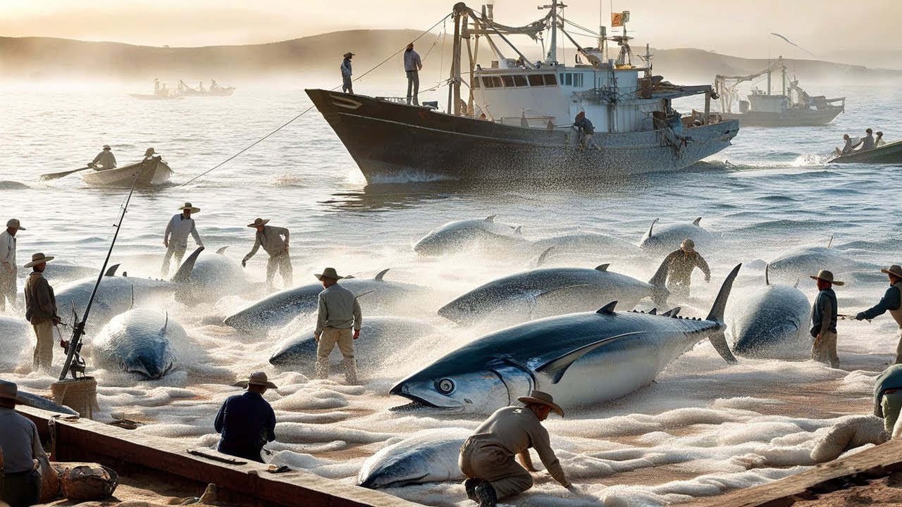 The process of catching billions of giant tuna at sea, fishermen catch ...