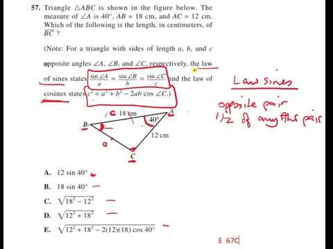 ACT MATH TRIG Q57 LAW OF COSINES AND SINES - YouTube