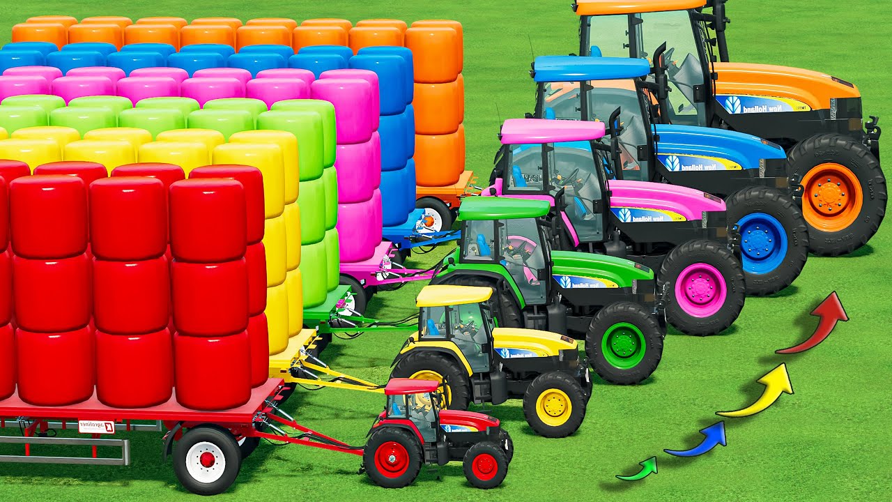 TRANSPORTING HAY BALE with MINI & BIG TRACTORS & COLORED LOADER ...