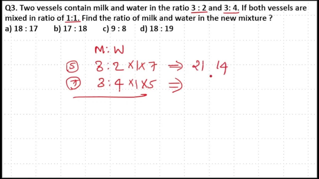 Two vessels contain milk and water in the ratio 3:2 and 3:4. If both vessels are mixed in ratio ...