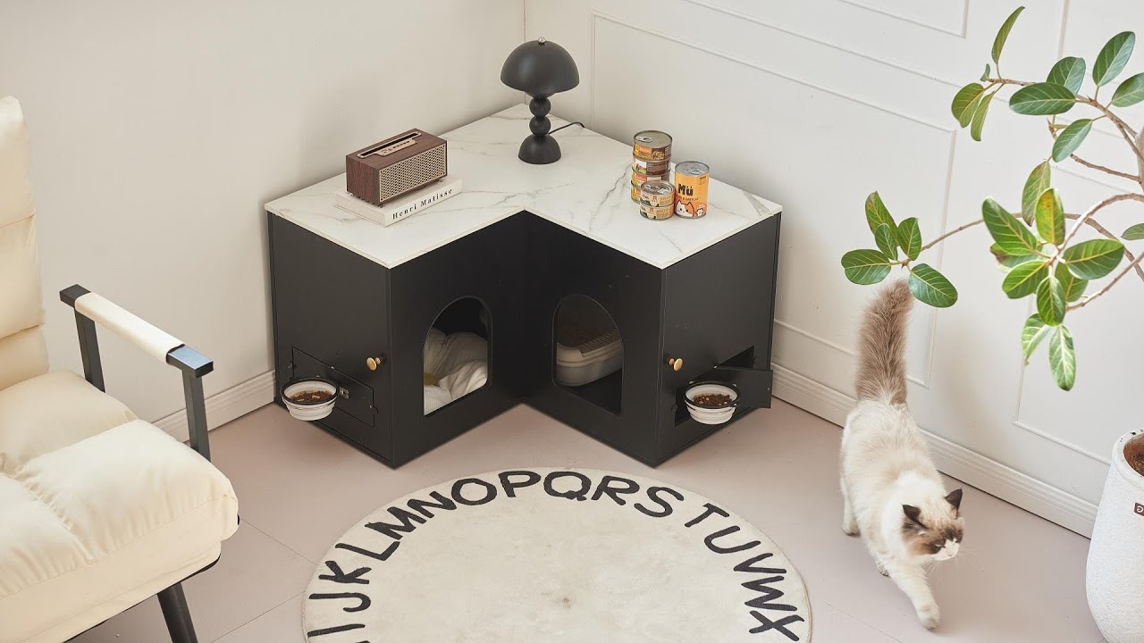 JanflyHome Unique Corner Litter Box Ecnlosure with Cat Bowls - YouTube