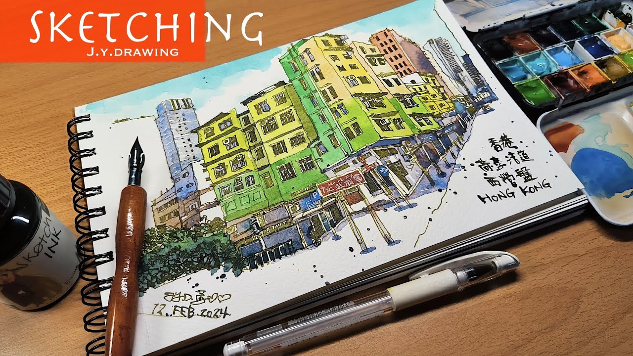 Drawing with a dip pen & Simple Watercolor on Watercolor paper - YouTube