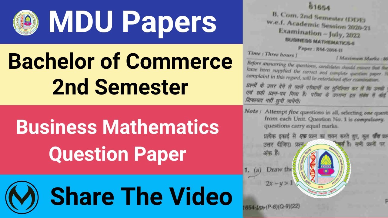 MDU DDE BCom 2nd Semester | Business Mathematics Previous Year Question ...